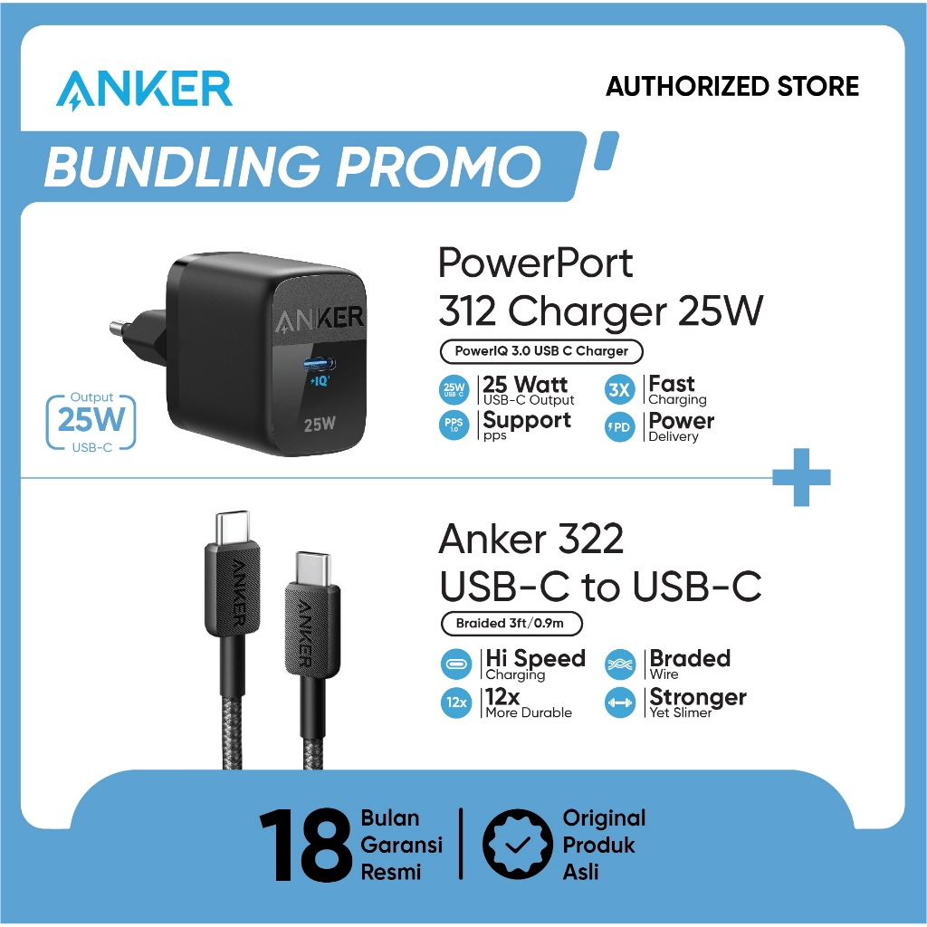 Jual ANKER Bundling Package Powerport 312 Black + Cable 322 USB-C to ...