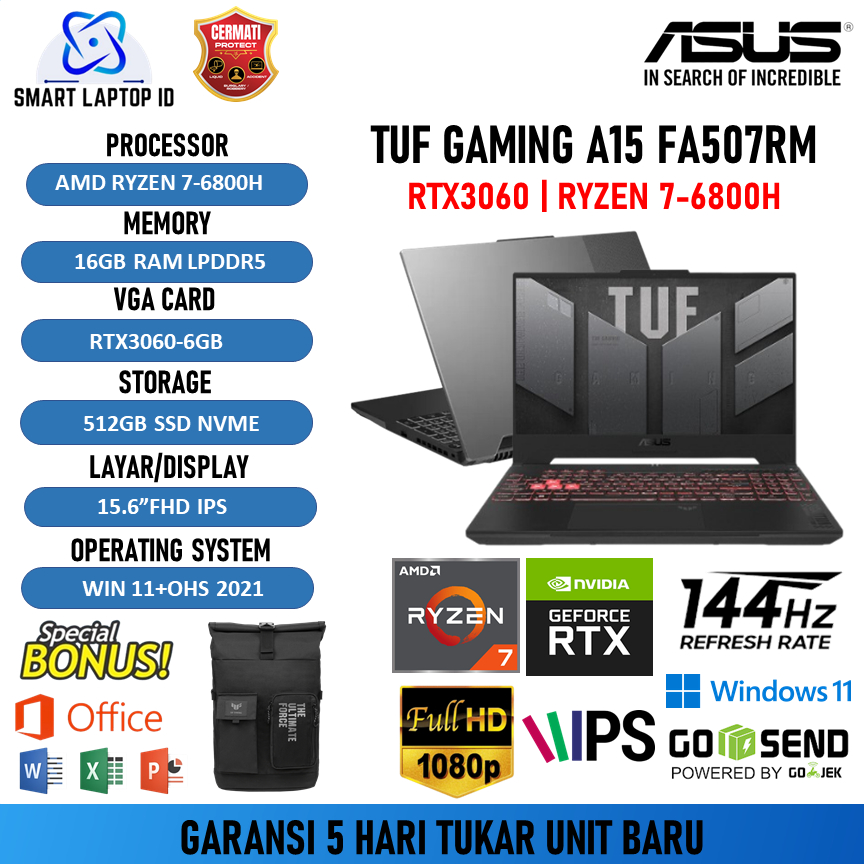 Jual ASUS TUF A15 FA507RM RYZEN 7 6800H RTX3060 6GB/ 16GB 512GB W11+OHS ...