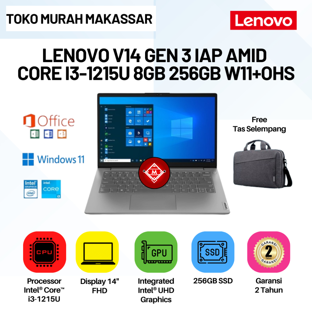Jual LENOVO V14 Gen 3 IAP AMID CORE i3-1215U 8GB 256GB W11+OHS | Shopee Indonesia