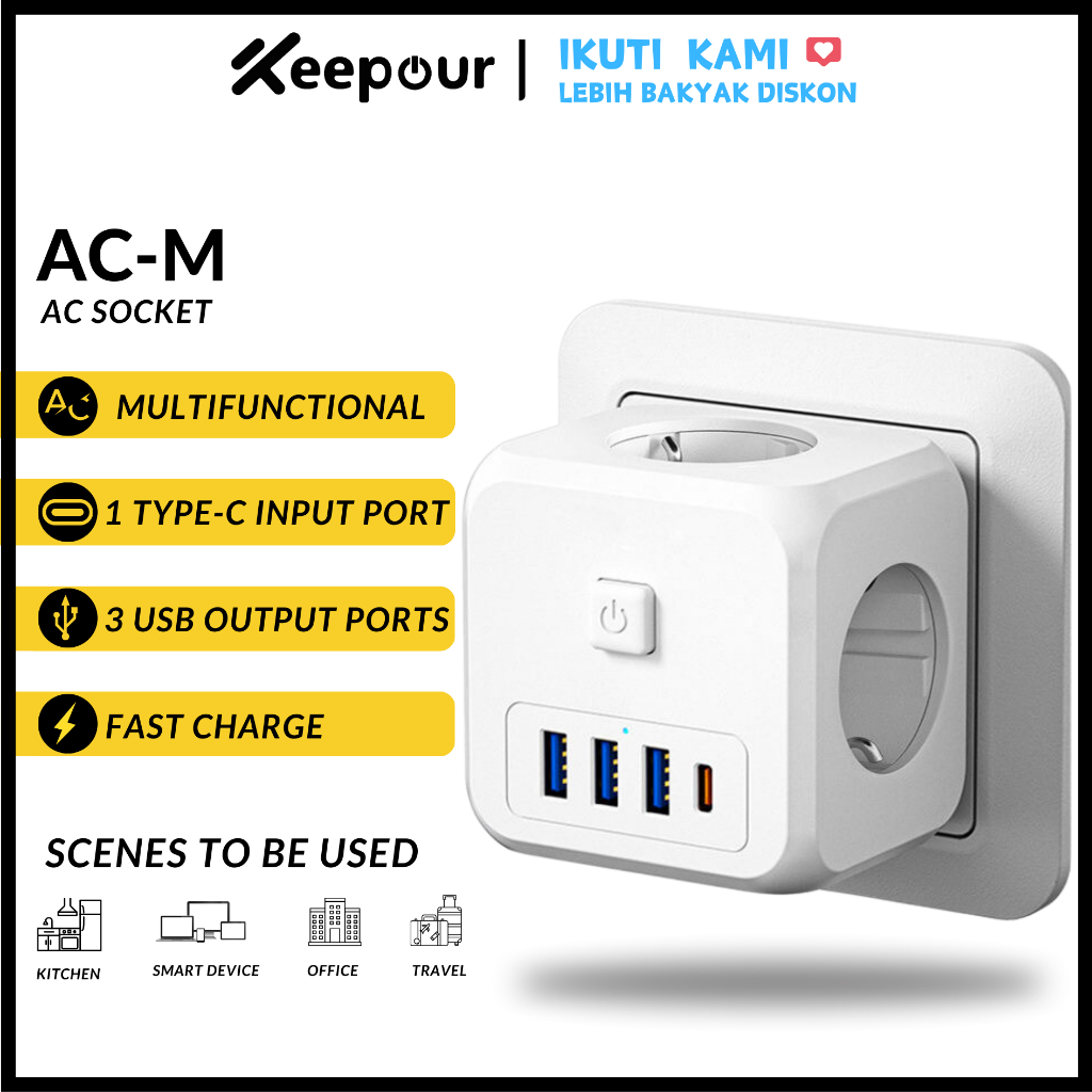 Jual Stop kontak colokan listrik kubus 7 in 1（USB_3+Colokan lubang_3 ...