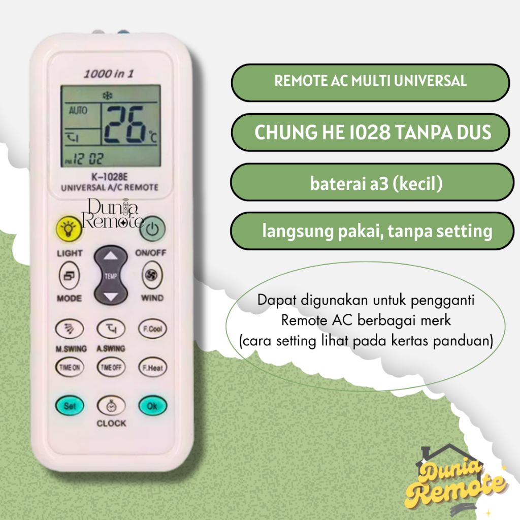 Jual Remot Remote AC MULTI UNIVERSAL CHUNG HE 1028 TANPA DUS untuk ...