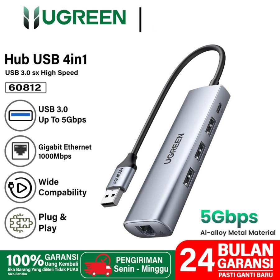 Jual Ugreen USB3.0 HUB Multifunction Adapter with RJ45 Gigabit Gray ...