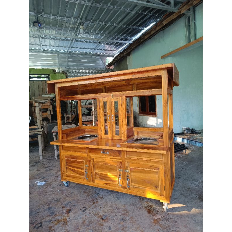 Jual gerobak mie ayam bakso booth kayu jati roda troli | Shopee Indonesia