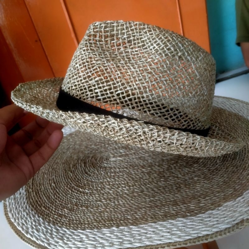 Jual topi Koboy anyaman lilitan pandan motif jaring | Shopee Indonesia
