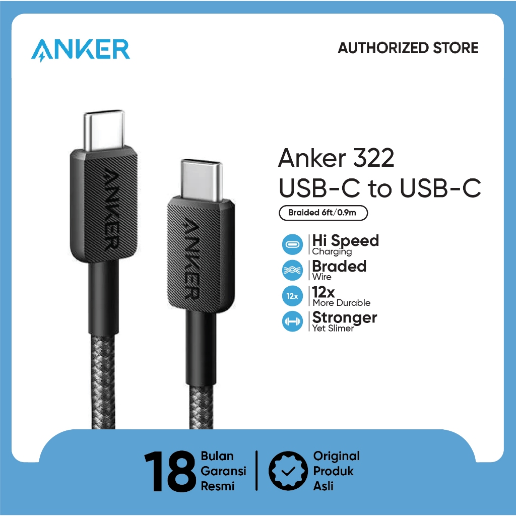 Jual ANKER Cable Charger 6ft Braided USB-C to USB-C Cable 322 - Fast ...