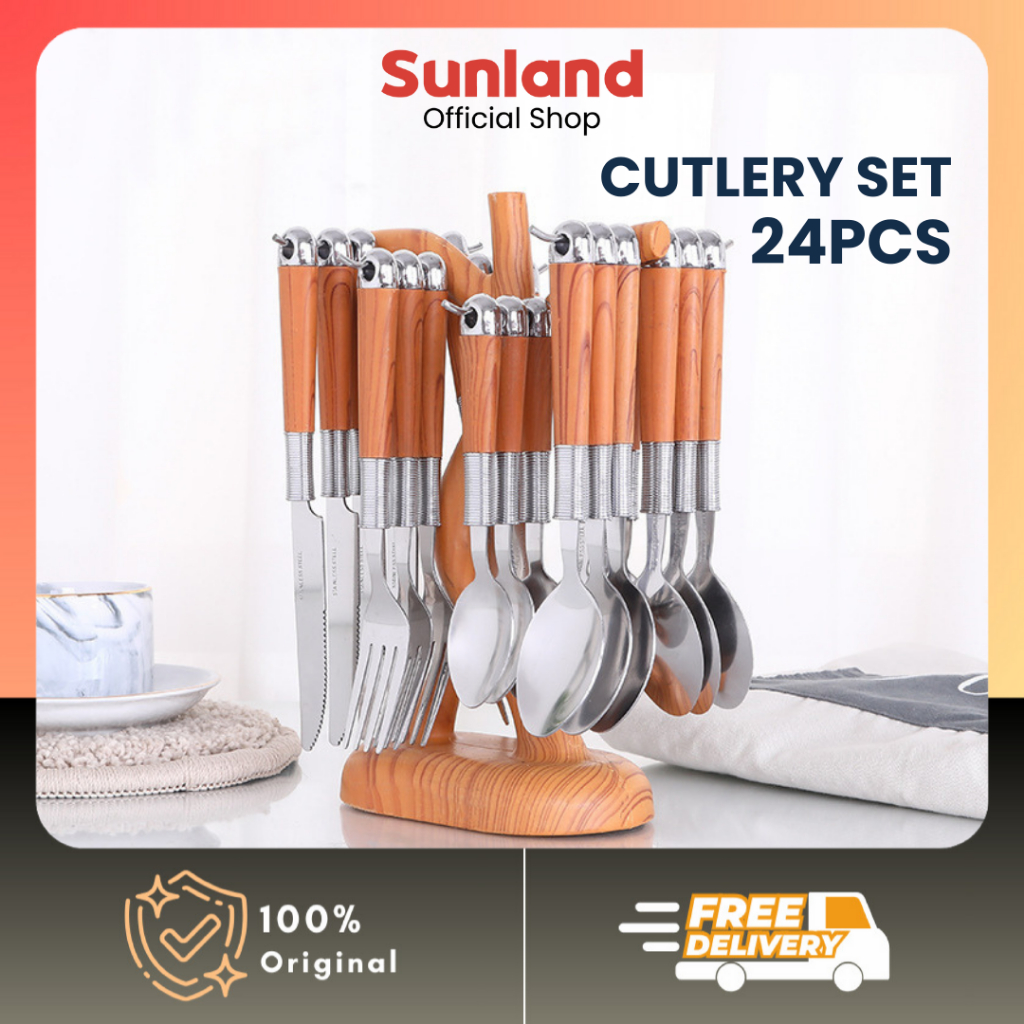 Jual Sendok Set Cutlery Set 24pcs Wooden Handle Sendok Garpu Pisau Set ...