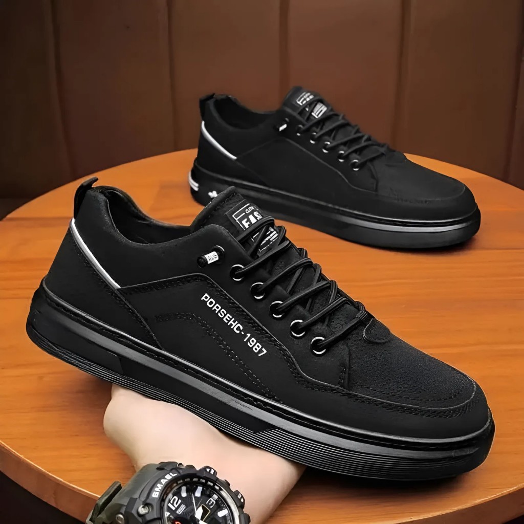Jual Sepatu Pria Sneakers Casual Unisex Tali Hitam Formal Sepatu Sneakers Sekolah Full Black ...