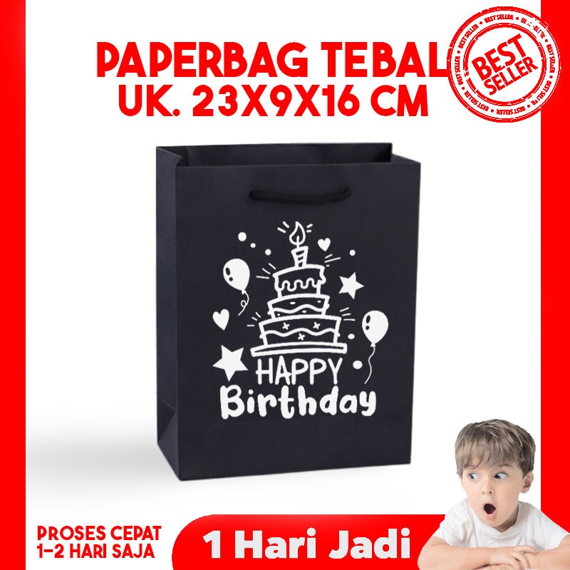 Jual (HITAM) Tas Kertas Ultah Anak Sedang 23x9x16 CM / Paper Bag Kado Souvenir Pernikahan ...