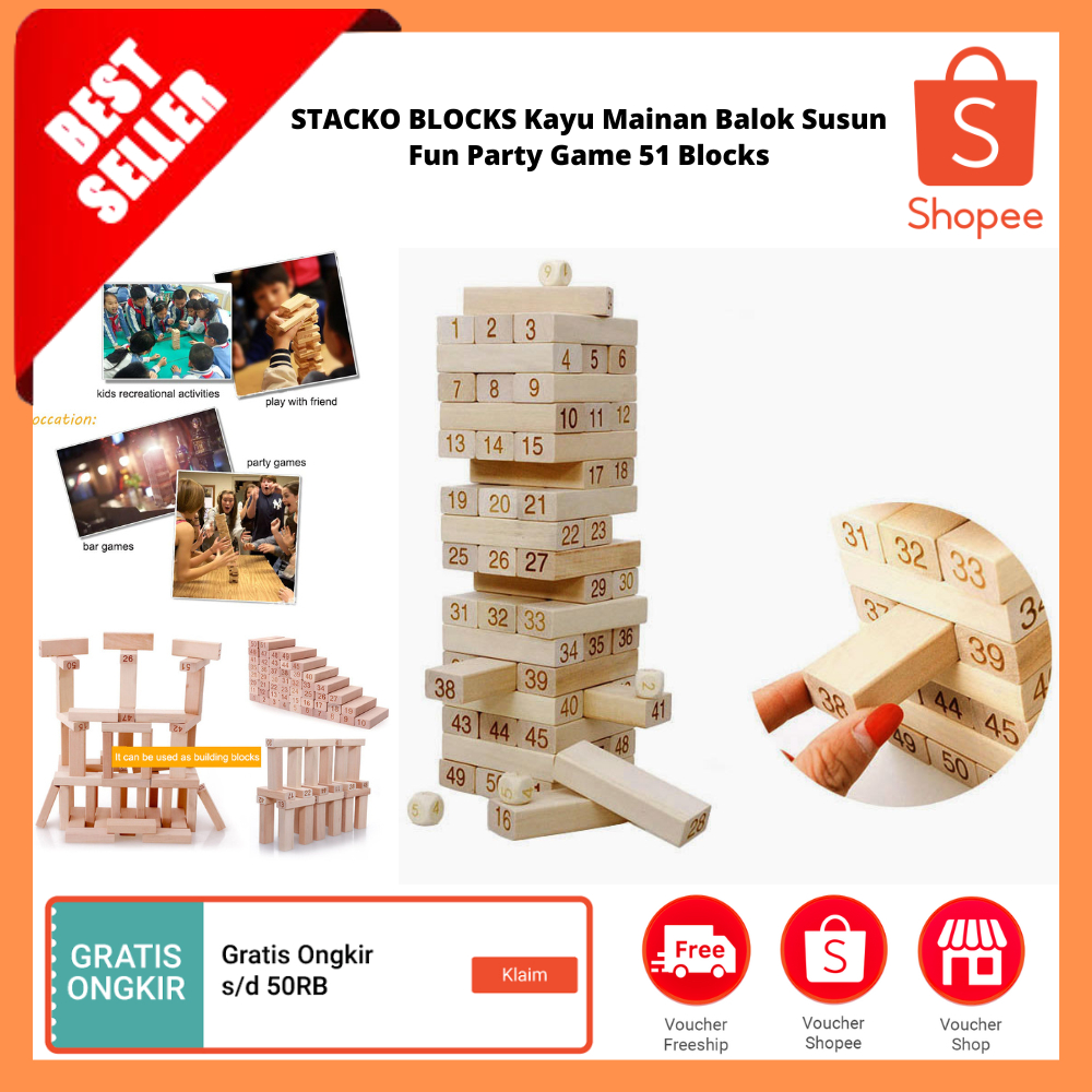 Jual Kayu Mainan Balok Susun Fun Party Game 51 Blocks / Blok Bangunan ...
