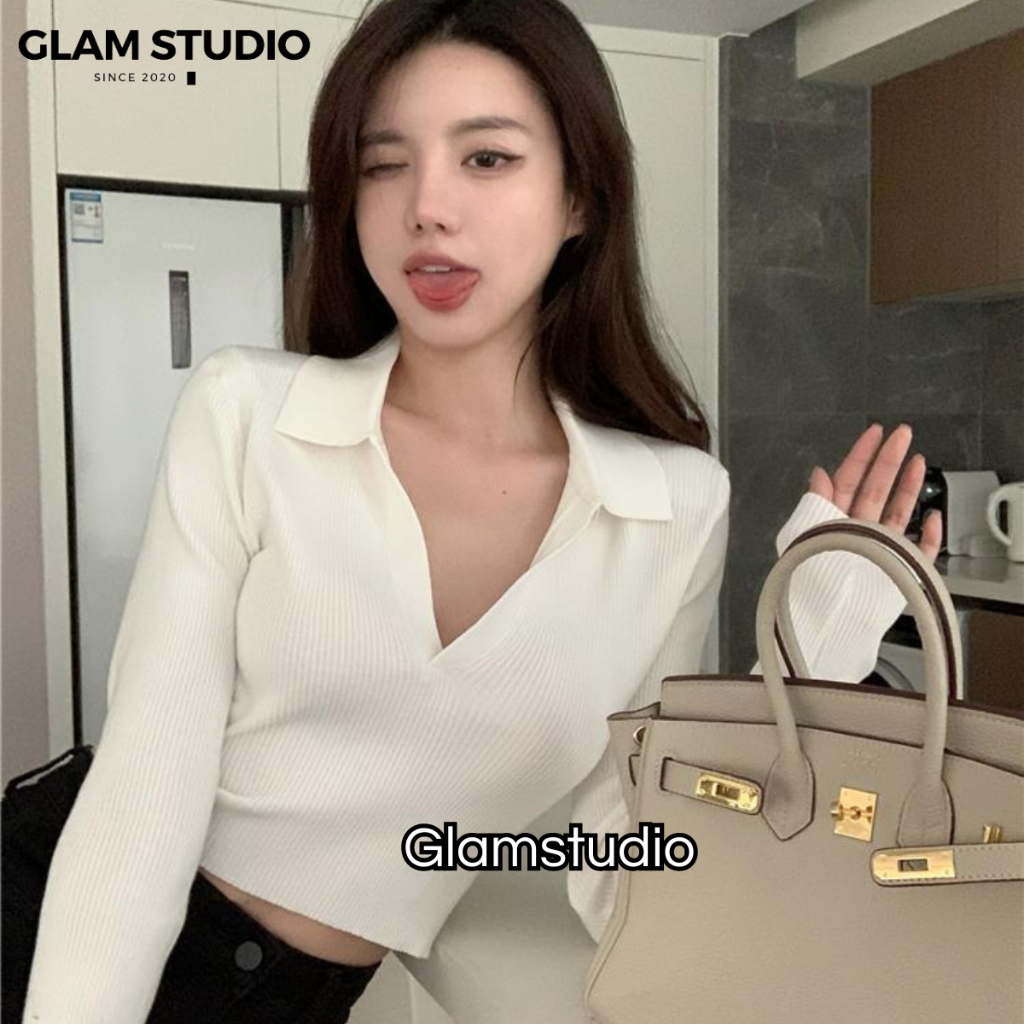 Jual Glamstudio - Crop Top Long Sleeve V Kaos Crop Top Lengan Panjang CTLS 008 (S, M, L, XL ...