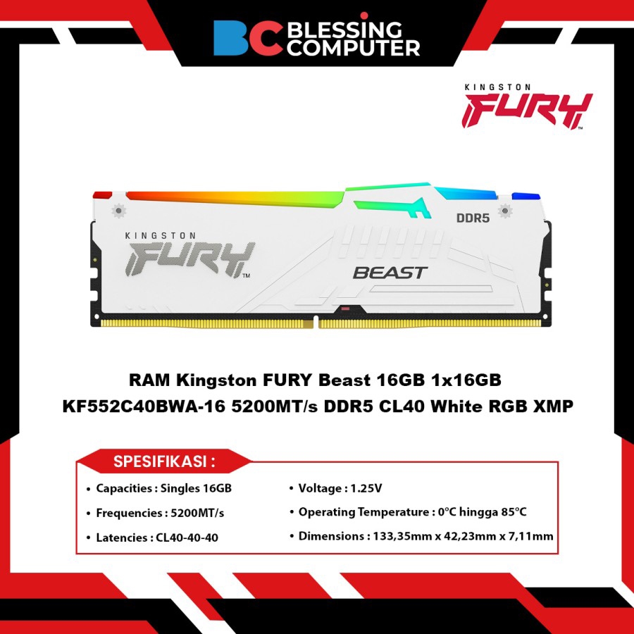 Jual RAM Kingston FURY Beast DDR5 16GB 1x16GB KF552C40BWA-16 5200MT/s CL40 White RGB XMP ...