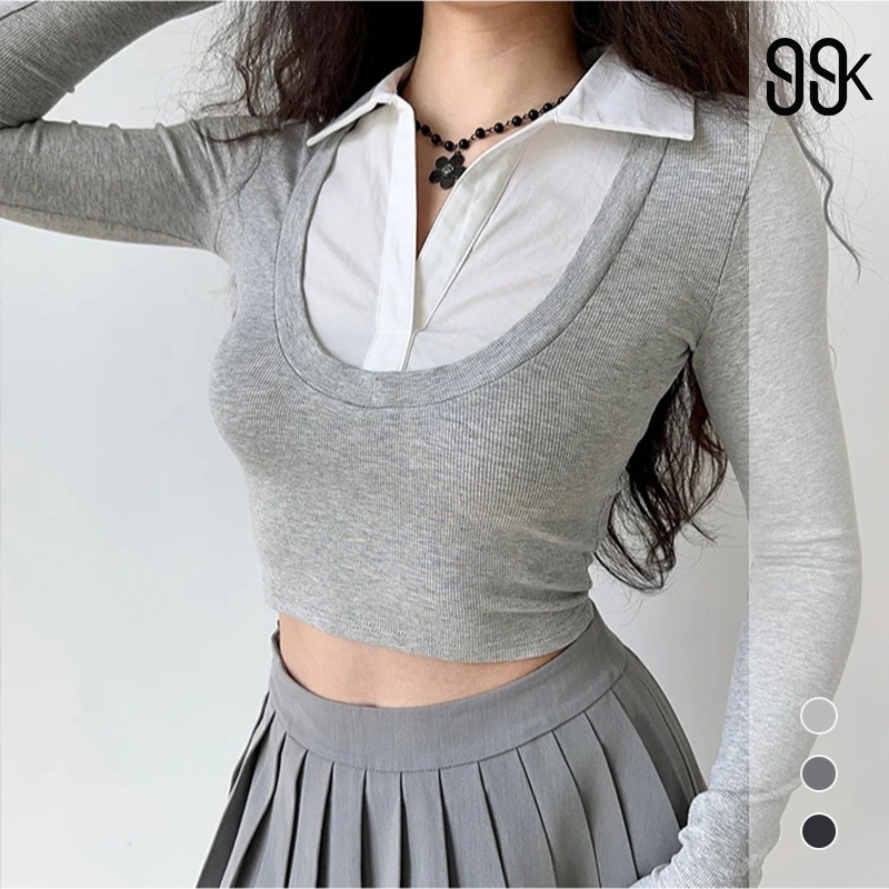 Jual Fake Two Pieces V Collar Long Sleeve Rib Crop Top Blouse 1740 (S/M ...