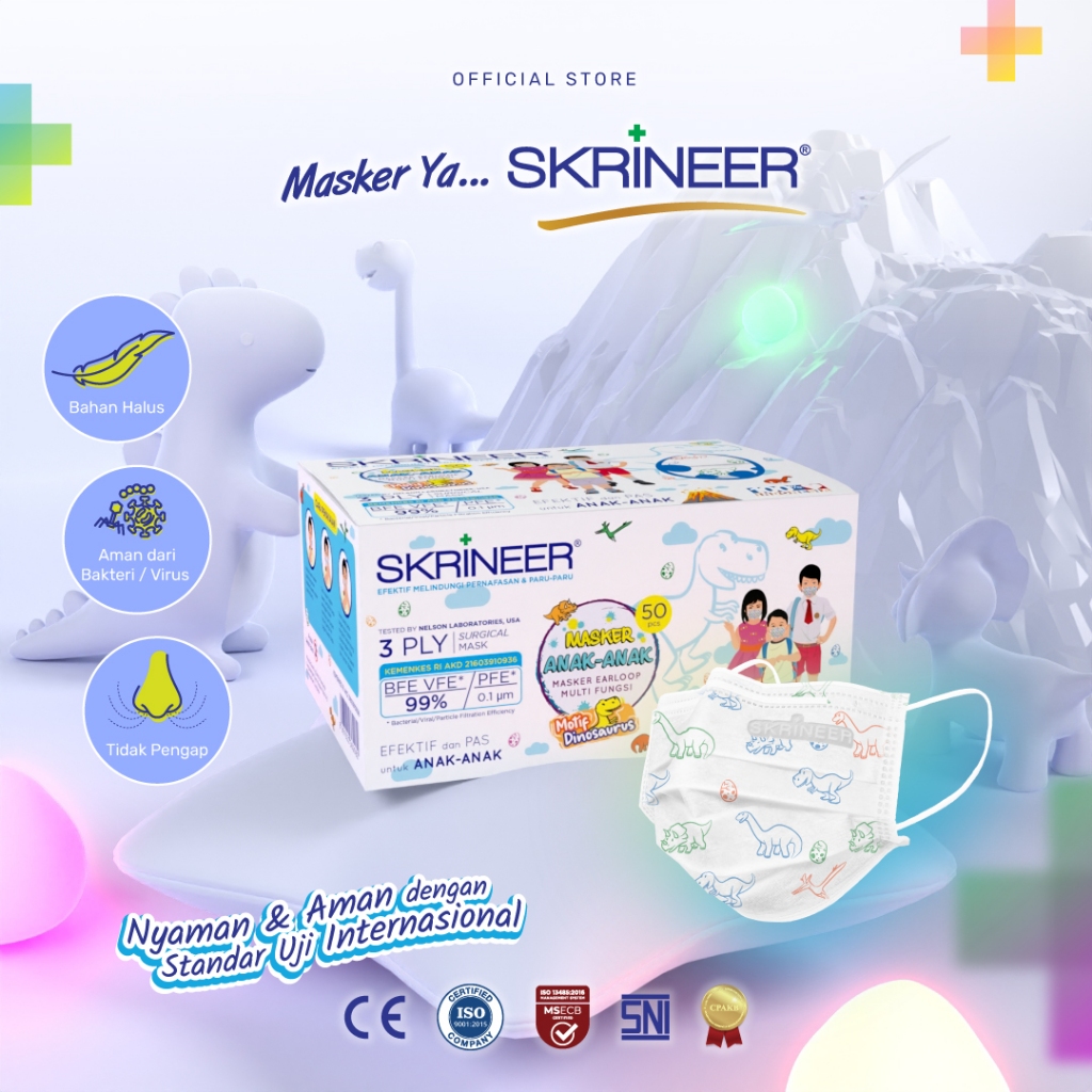 Jual Skrineer Masker Anak Motif Dino 3 ply Earloop isi 50 pcs | Shopee ...