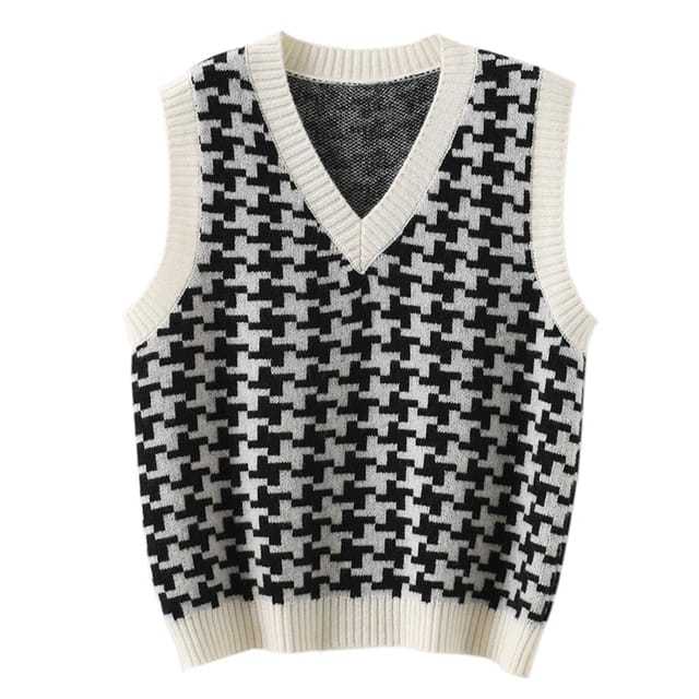 Jual Rompi rajut wanita / Houndstooth, rompi rajut kerah V, tanpa ...