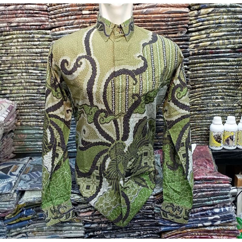 Jual Kemeja batik premium warna hijau, lengan panjang lapis furing hero ...