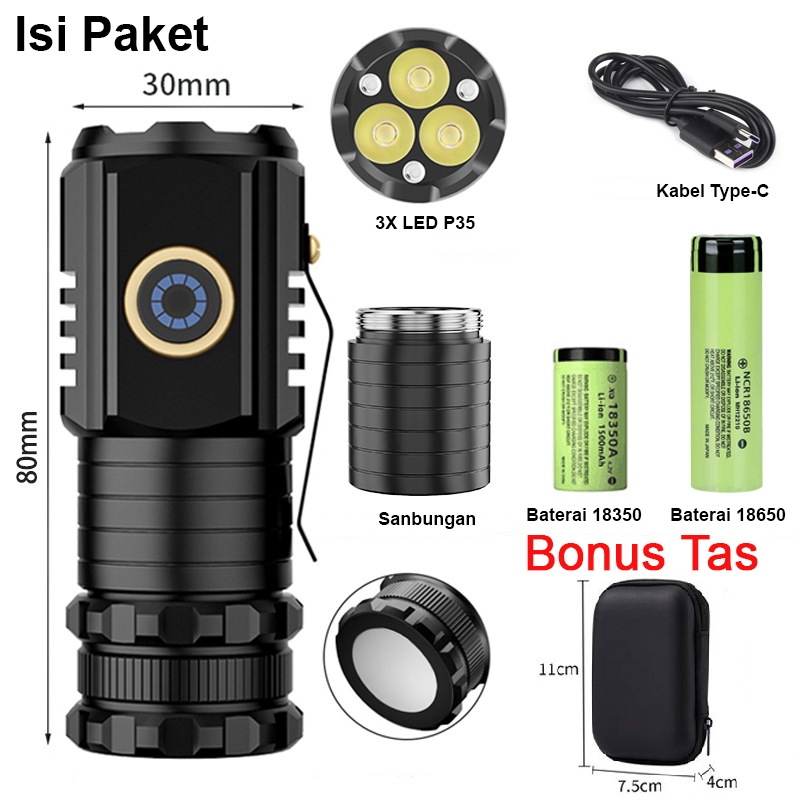 Jual Senter LED Super Terang Mini 3xLED P35 BL-350 Magnet Hiking ...