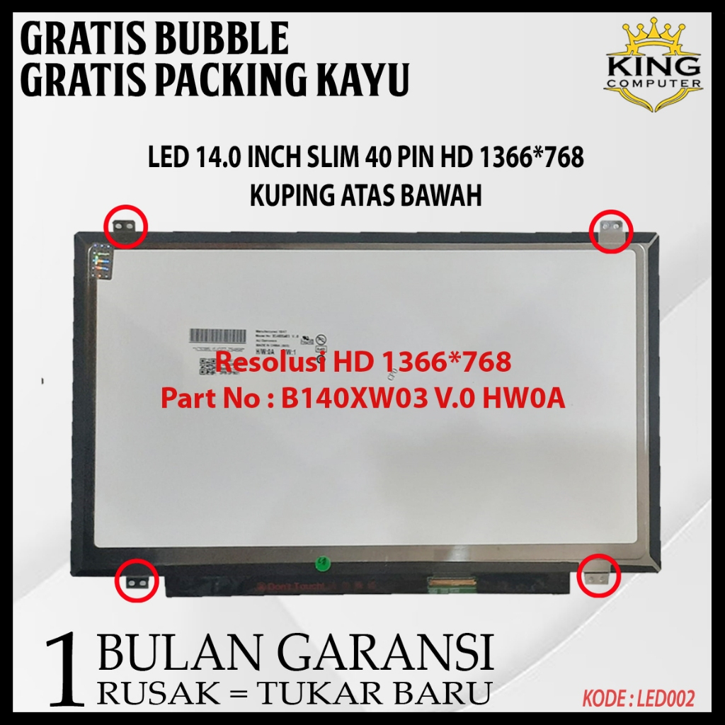 Jual LED LCD LAPTOP 14 INCH 14.0 SLIM 40 PIN KUPING ATAS BAWAH ASUS X451 X453 X450C A450C LENOVO ...