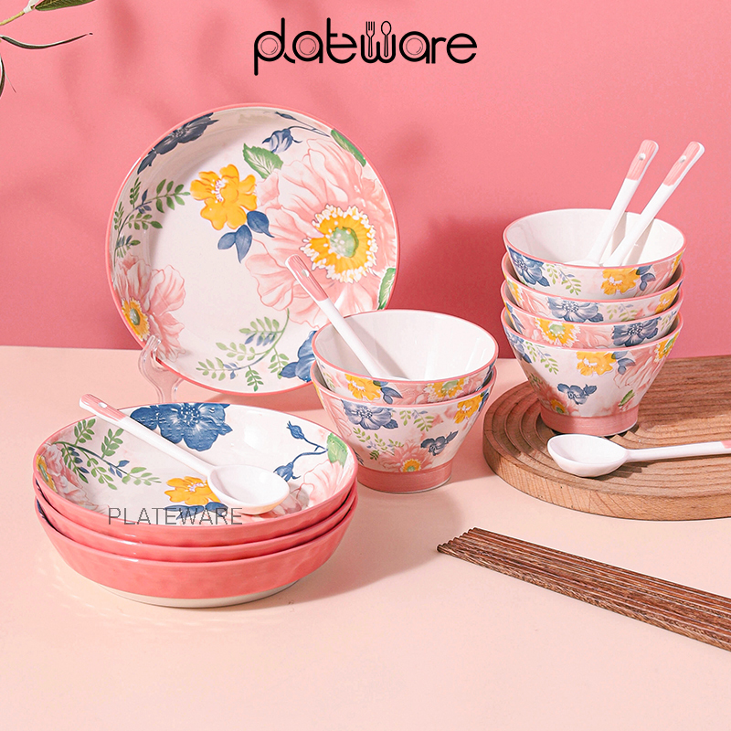 Jual PLATEWARE PIRING MANGKUK BUNGA MOTIF BUNGA PINK CANTIK BERBAHAN ...