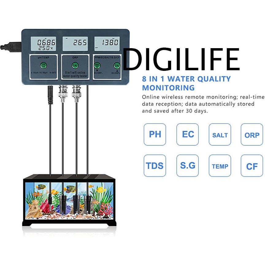 Jual WIFI Online Water Quality Monitor 8in1 PH TDS EC CF ORP SALT SG ...