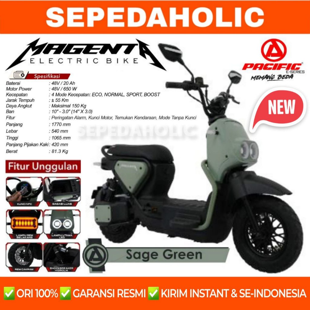 Jual Sepeda Motor Listrik PACIFIC MAGENTA 650 Watt Rem Cakram Electric E Bike | Shopee Indonesia