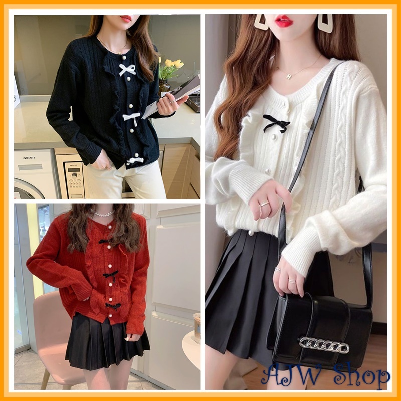 Jual AJW Cardigan Wanita Kawaii Variasi Pita Leher O-Neck Knit Premium WCR | Atasan Wanita ...