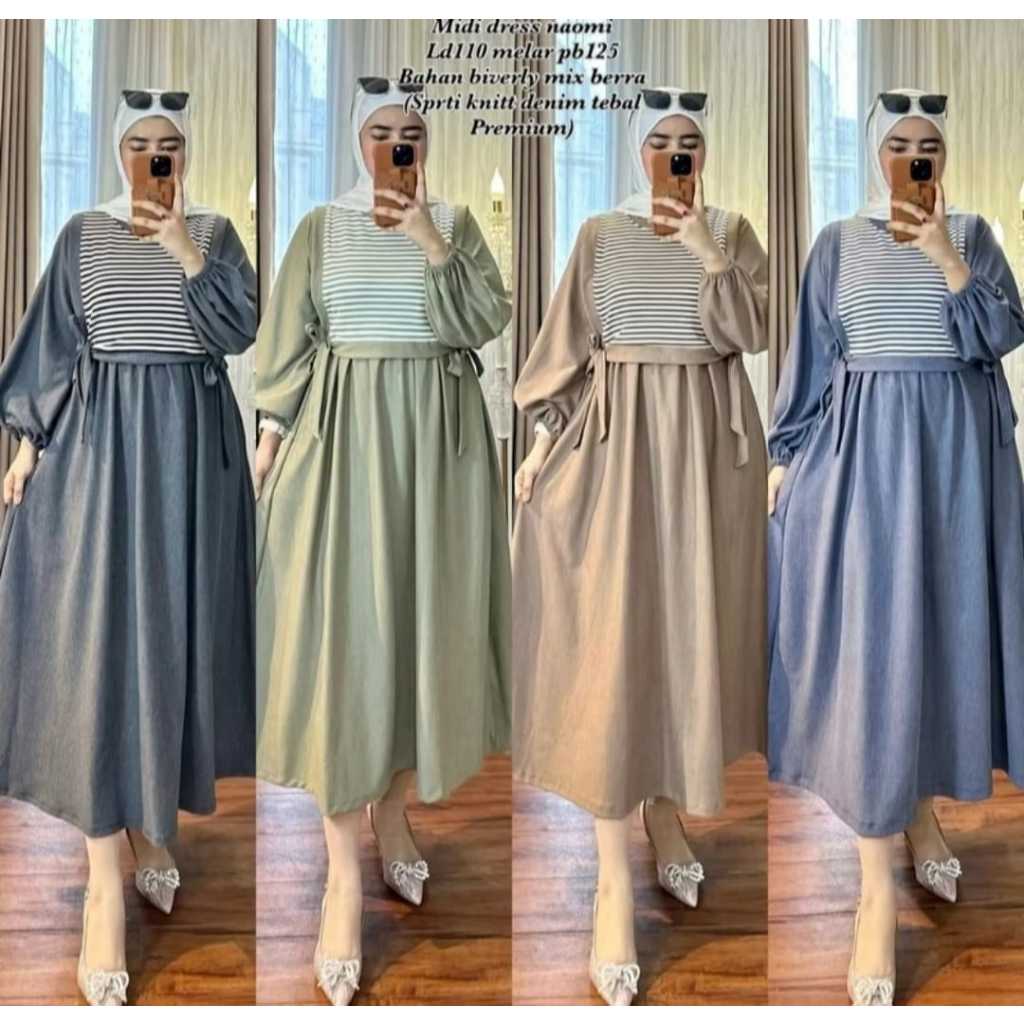 Jual Dress Salur Kombinasi Bahan Knit Import Salur Gamis Salur Kombinasi Terbaru Midi Salur ...