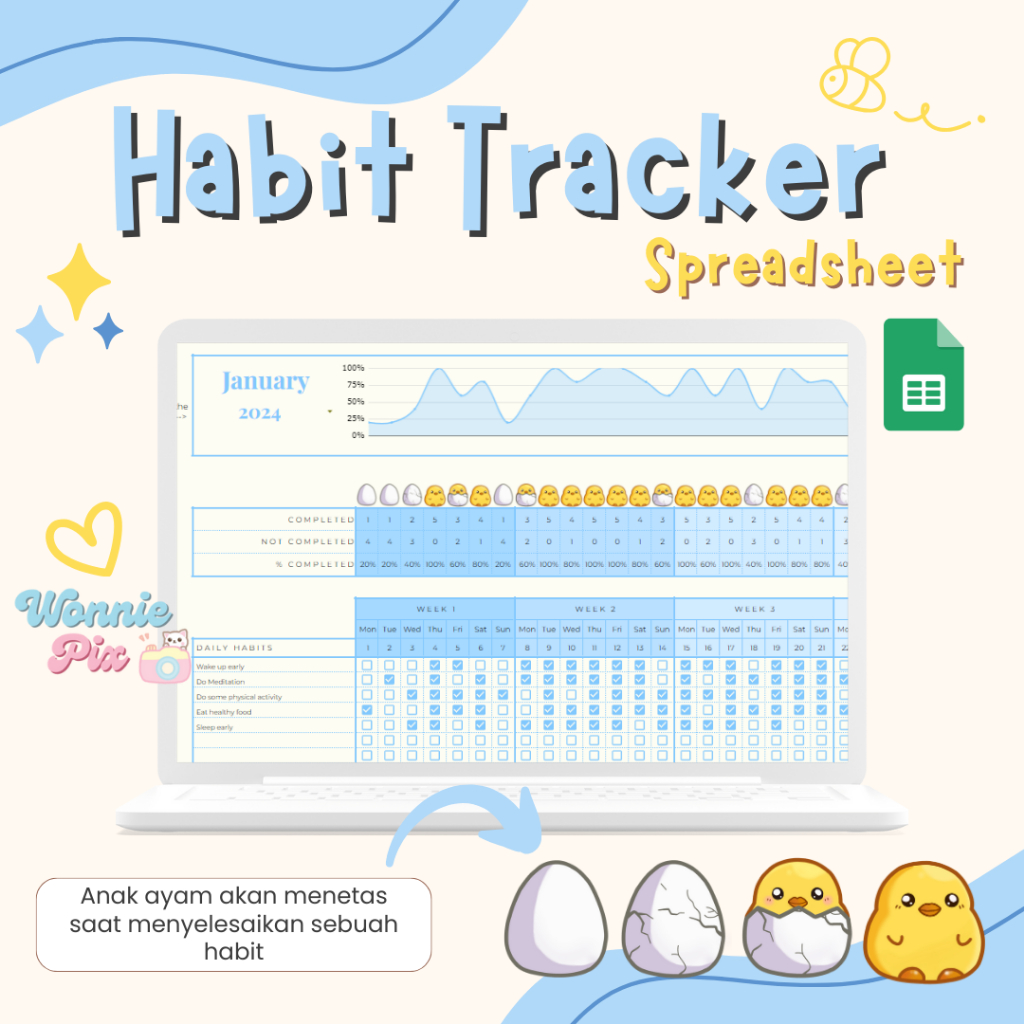 Jual Habit Tracker Spreadsheet - Chick Egg | Daily Weekly Monthly Habit ...