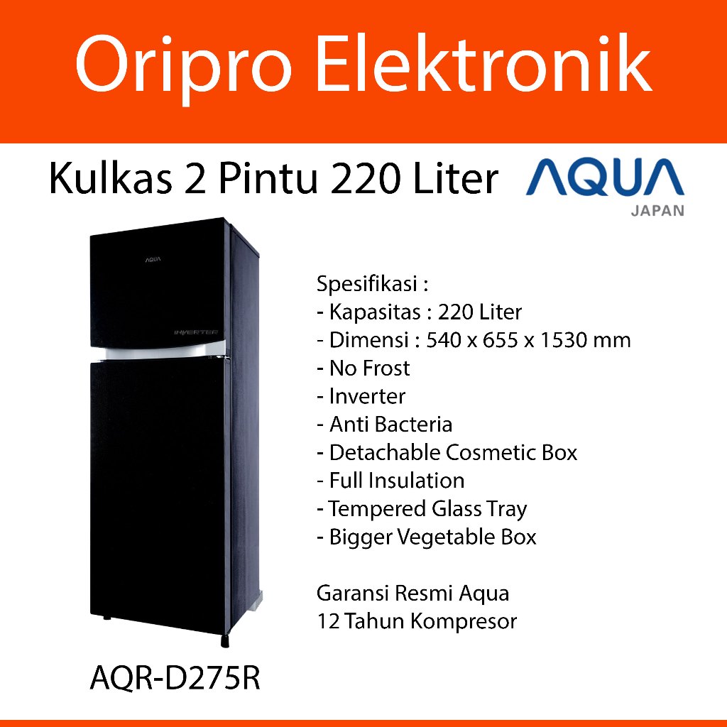Jual Kulkas 2 Pintu Aqua Inverter 220 Liter AQR-D275R AQRD275R Hitam | Shopee Indonesia
