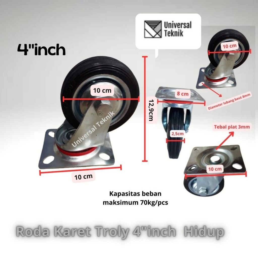 Jual Roda troli Karet Hidup 4" inch Roda caster kastor etalase troli ...