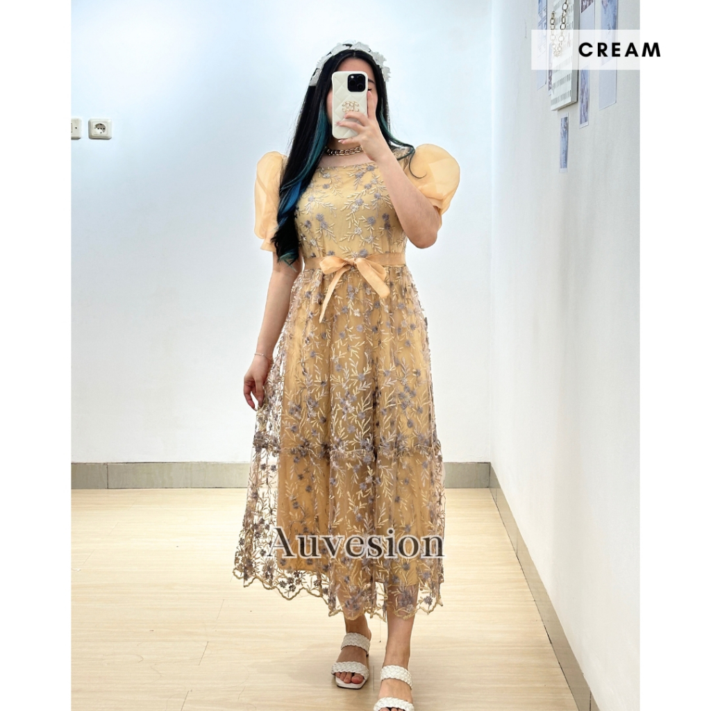 Jual 6174 Mia Strap Polos Square Neck Tile Brukat Maxi Dress Natal ...