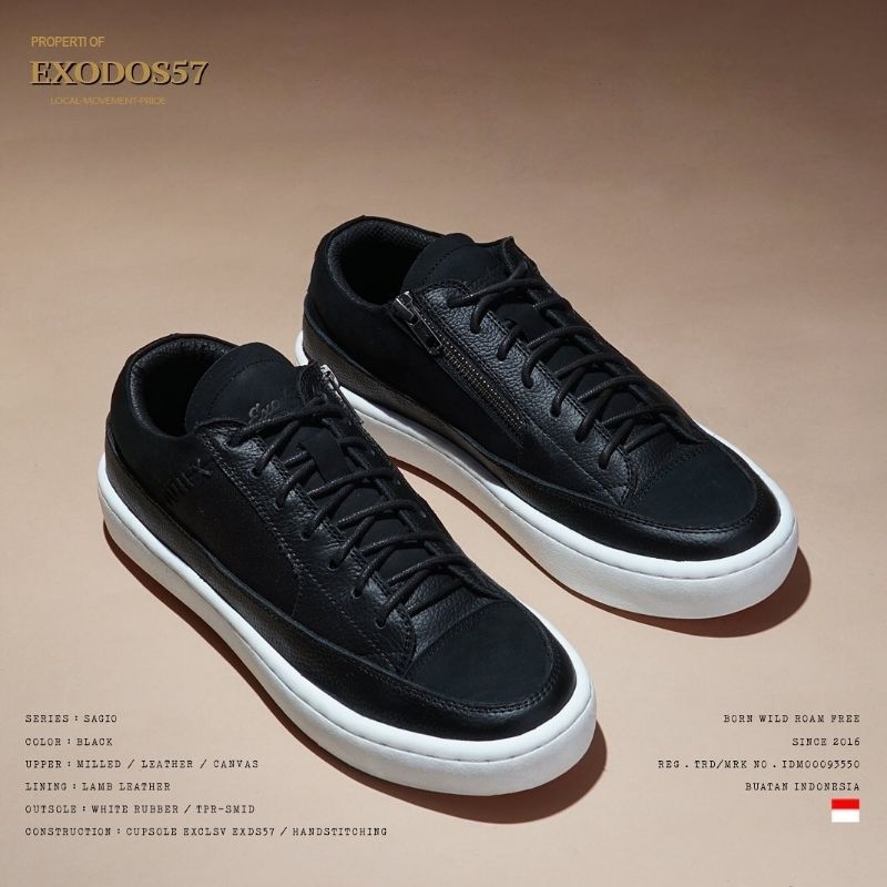 Jual Sepatu Sneakers Kulit Pria Exodos57 - Saggio Black White | Shopee ...