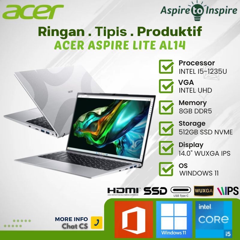 Jual ACER LAPTOP ASPIRE LITE AL14-51M-59YA 14" WUXGA IPS CORE I5-1235U ...