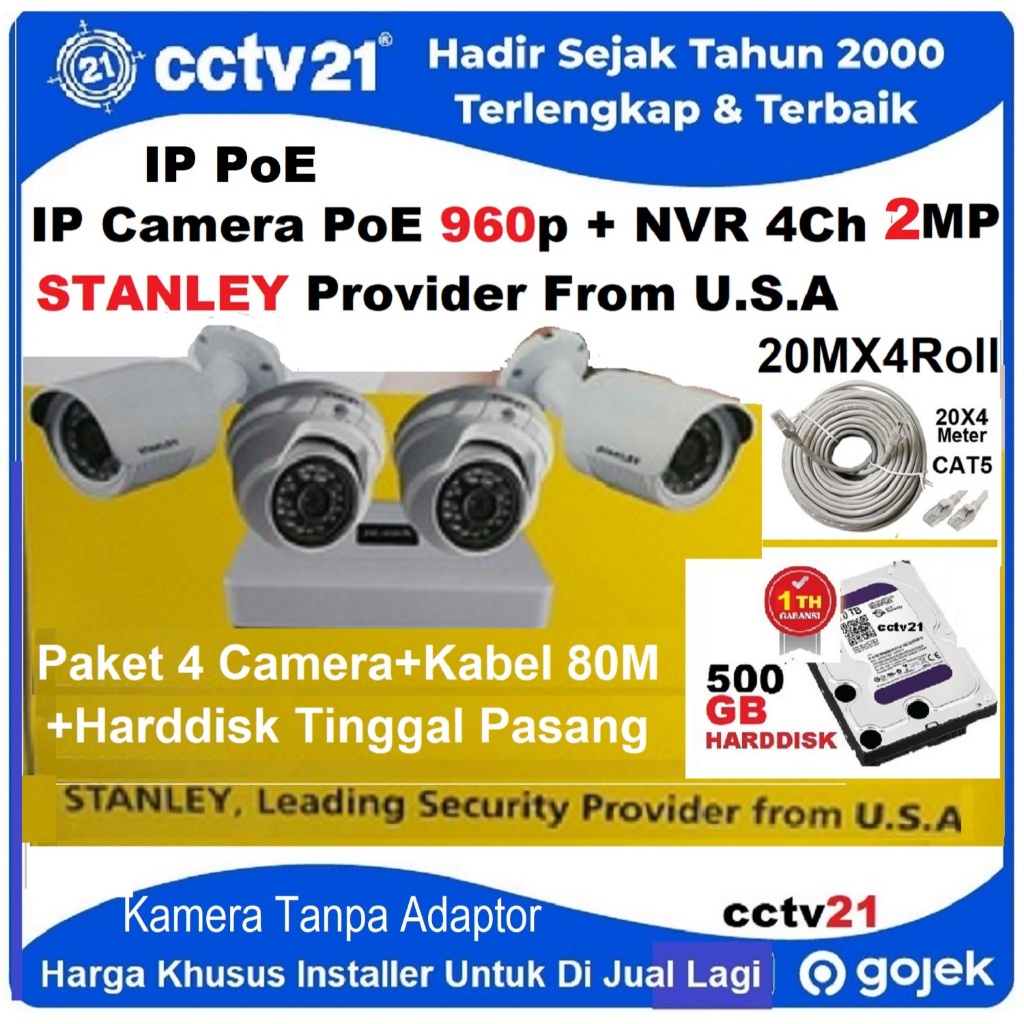 Jual Paket Lengkap 4 IP CAM 2 OUT+2 INDOOR STANLY U.S.A. +NVR POE 2MP+Kabel RJ45 80M Harga Promo ...