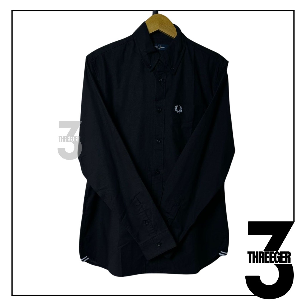 Jual Fred Perry Oxford White Logo Long Sleeve Shirt Black Original ...