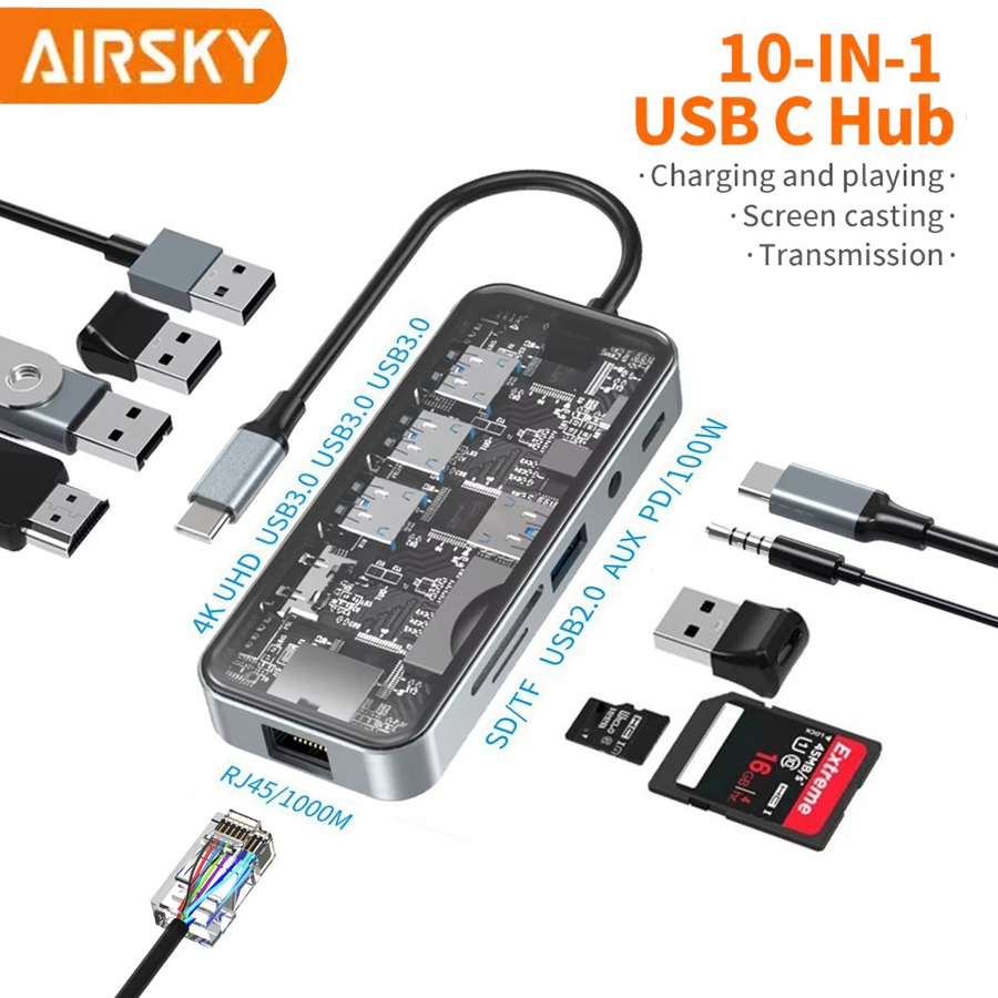 Jual USB Type C HUB Transparent USB 3.0 HDMI 4K LAN Gigabit PD 100W ...