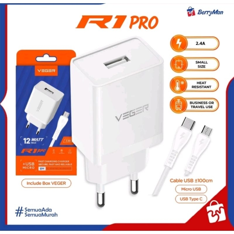 Jual Charger Veger R1 PRO / 12watt Fast Charging/ Micro & Typec ...