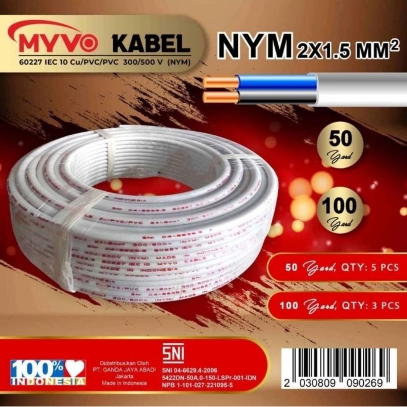Jual Kabel Listrik Kawat Tembaga Murni 2x1,5 mm 50 Yard 45 Meter 1 Roll NYM 2X1,5 MYVO SNI ...