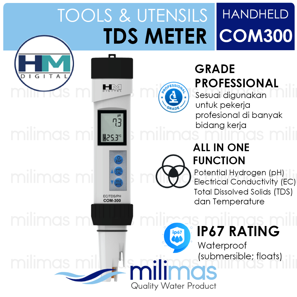 Jual HM Digital - COM 300 pH-EC-TDS-Temp Meter Waterproof Professional ...