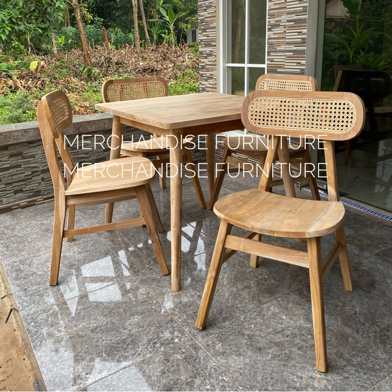 Jual Satu Set Meja Makan 80x80 Kayu Jati Asli - Meja Makan Cafe Resto - Kursi Ropan Rotan ...