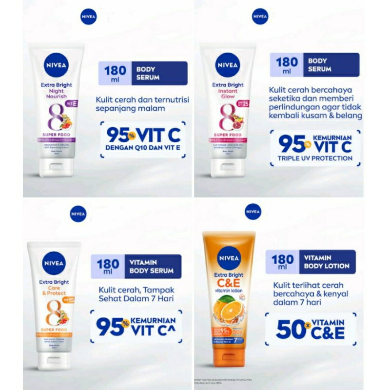 Jual NIVEA Body Serum Extra Bright Night Nourish | Care & Protect | Instant Glow 180ml | C&E ...