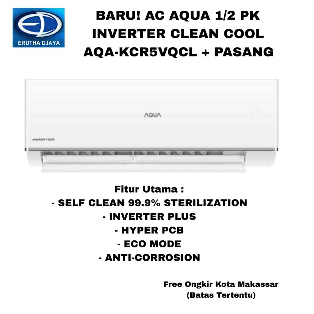Jual AC AQUA 1/2 PK INVERTER CLEAN COOL AQAKCR5VQCL | Shopee Indonesia