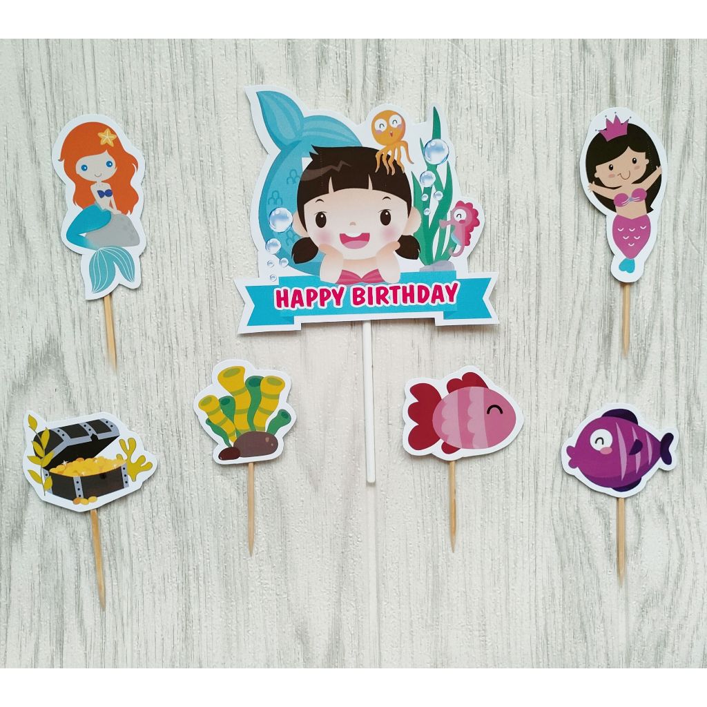 Jual isi 7 cake topper hiasan kue ulang tahun tema ikan duyung putri ...