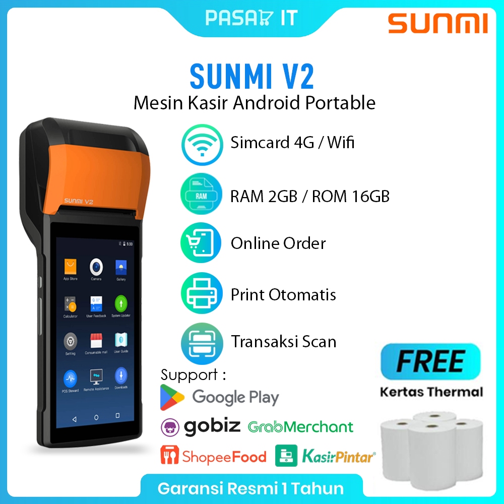 Jual Mesin Kasir Android SUNMI V2 2/16GB 4G LTE + WIFI Thermal Printer Scan Barcode Bisa Print ...