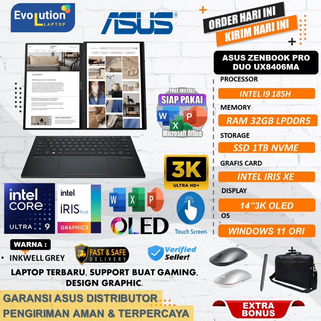 Jual ASUS Zenbook Duo Dual 14” OLED 3K 120Hz Touch Display, Intel Evo Certified, Intel Core ...