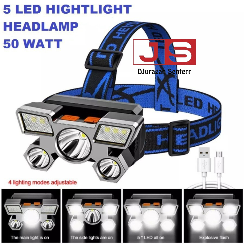 Jual Senter Kepala Mini 5 LED 50w+10w Rechargeable Usb type C Anti Air ...