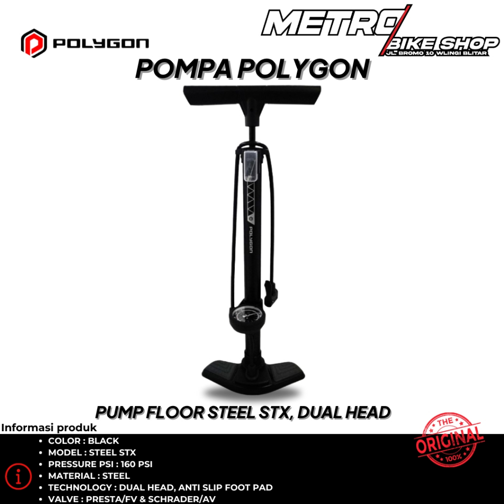 Jual Pompa lantai sepeda / floor pump Polygon steel dual head 160 psi ...