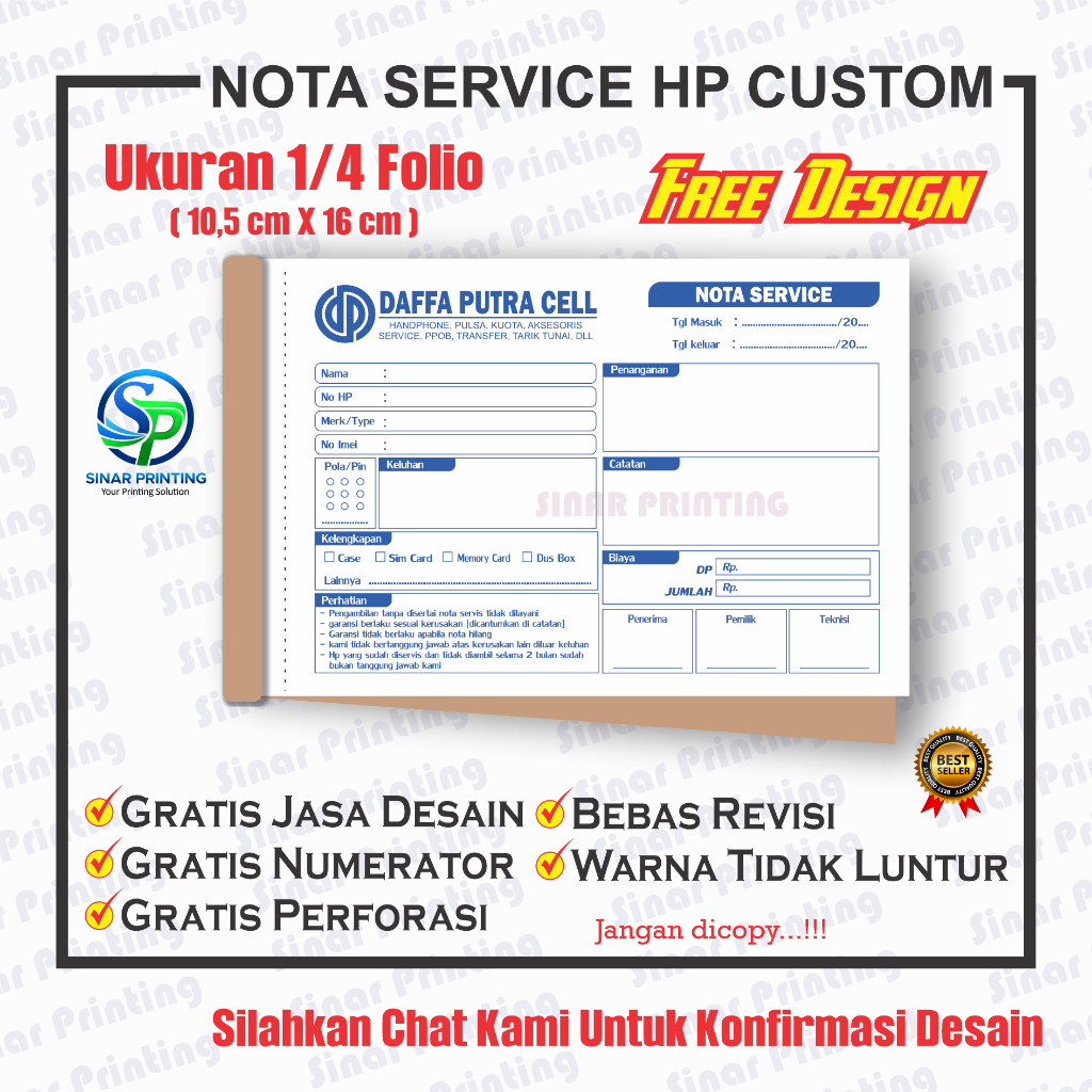 Jual Nota Service HP Custom isi 100 lembar | 1 Rangkap / 2 Rangkap ...
