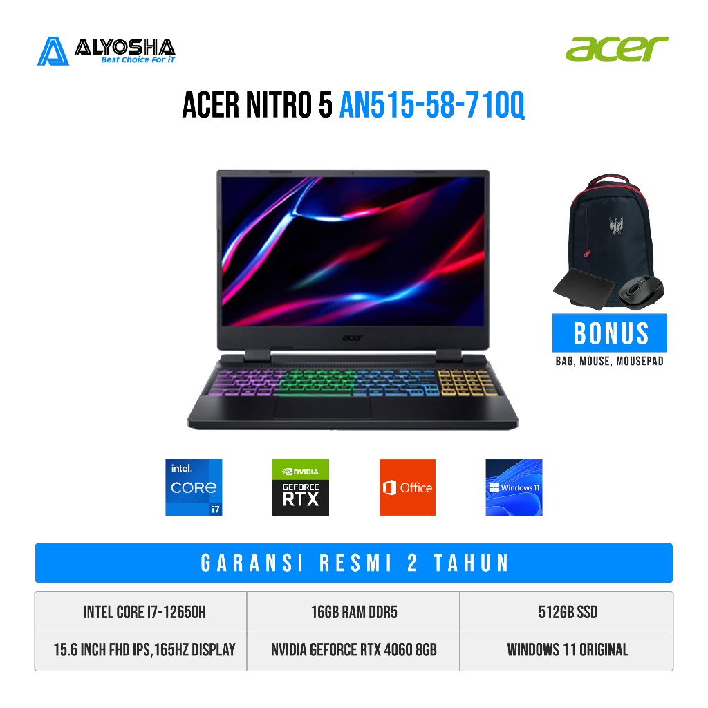 Jual Acer Nitro 5 AN515-58-710Q | Intel Core i7-12650H | RAM 16GB | SSD 512GB | RTX4060 | WIN11 ...