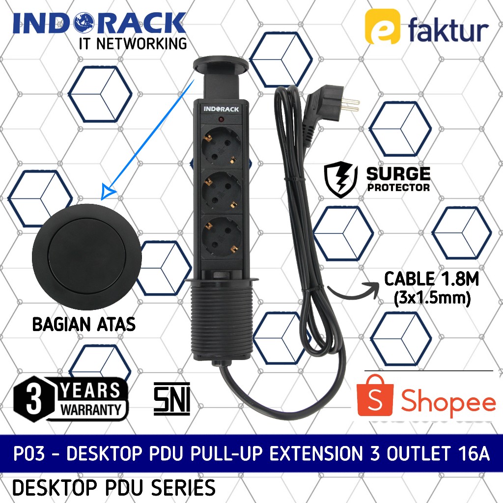 Jual P03 - DESKTOP PDU PULL UP INDORACK 3 OUTLET GERMANY SOCKET 16A ...