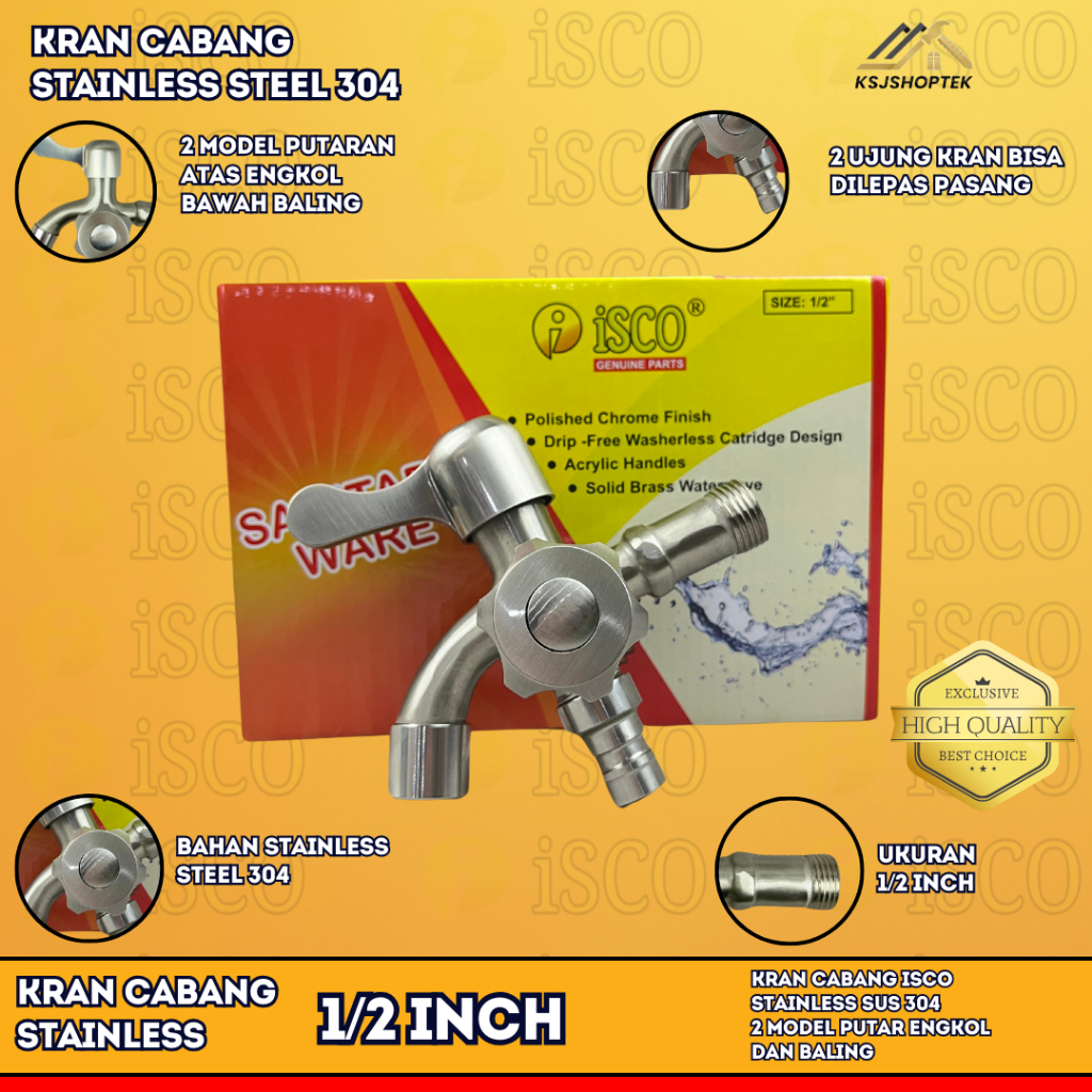 Jual Kran Cabang Tembok Stainless Isco / 304 / Keran Double Shower Jet Air Engkol Baling ...